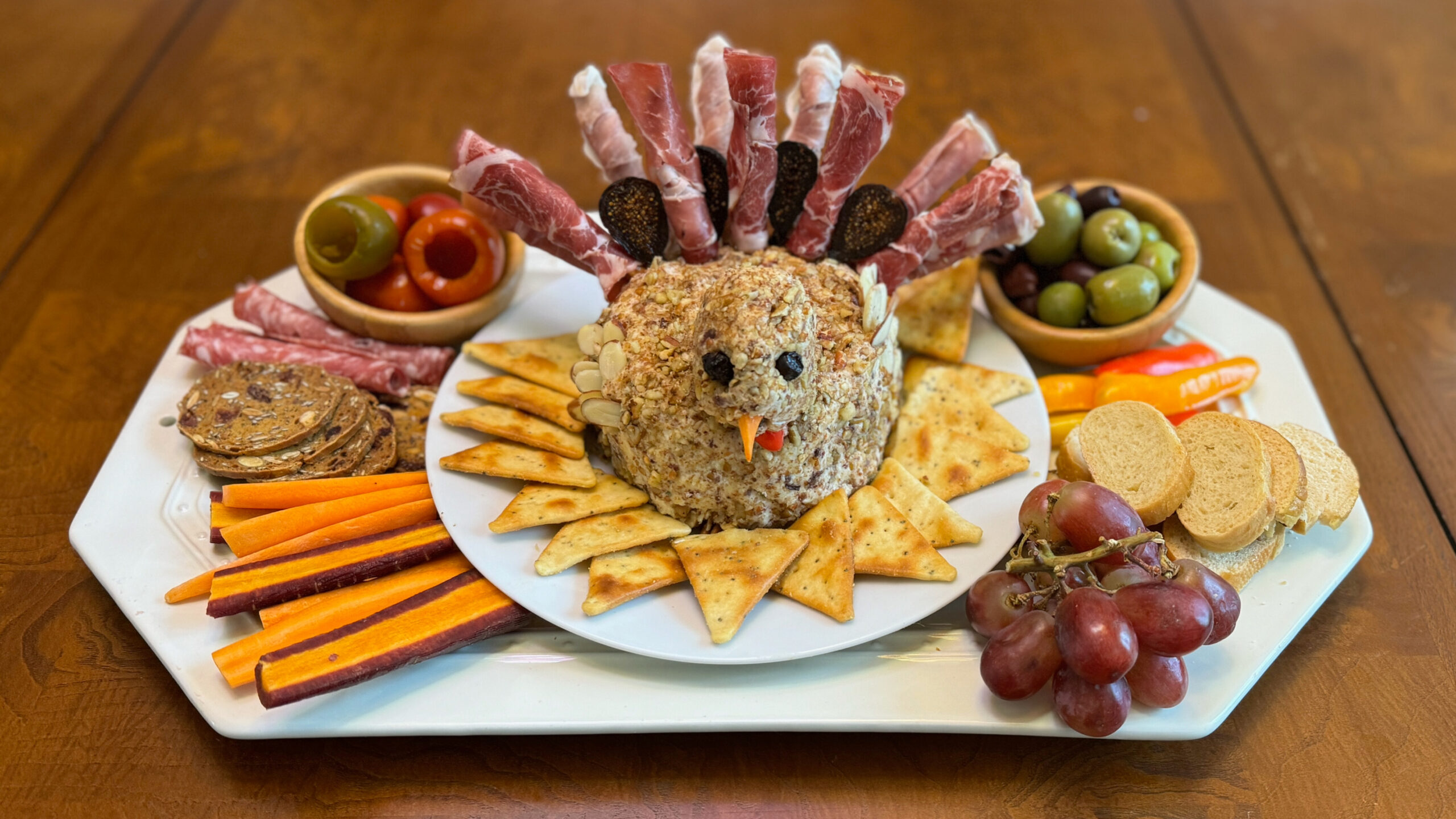 Turkuterie Board with Turkey Shaped Cheeseball